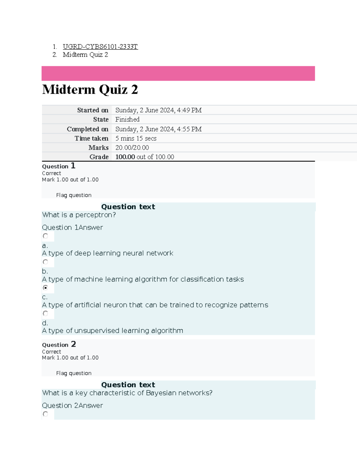UGRD-CYBS6101 Artificial Intelligence Fundamentals Midterm Quizzes 2 ... UGRD-CYBS6101 Artificial Intelligence Fundamentals Midterm Quizzes 2 ...