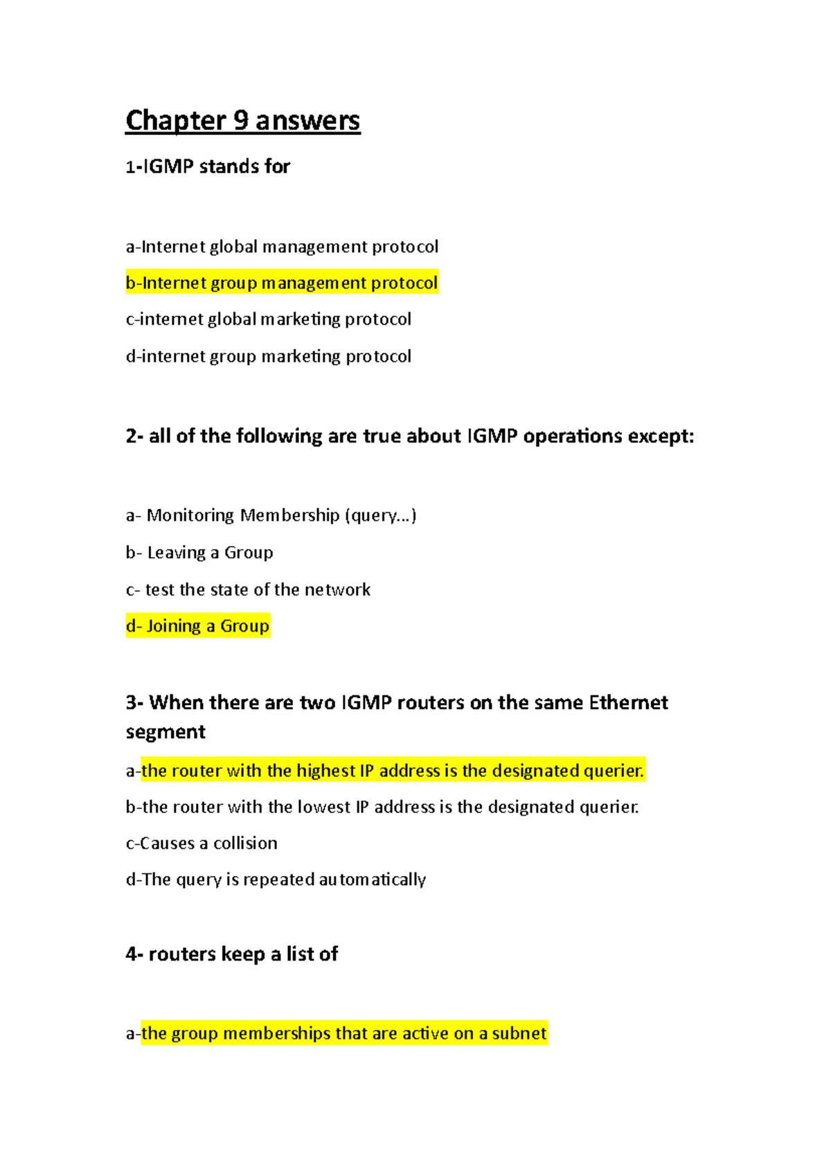 Lecture 9 answers - Chapter 9 answers 1 -IGMP stands for a-Internet global management protocol ...
