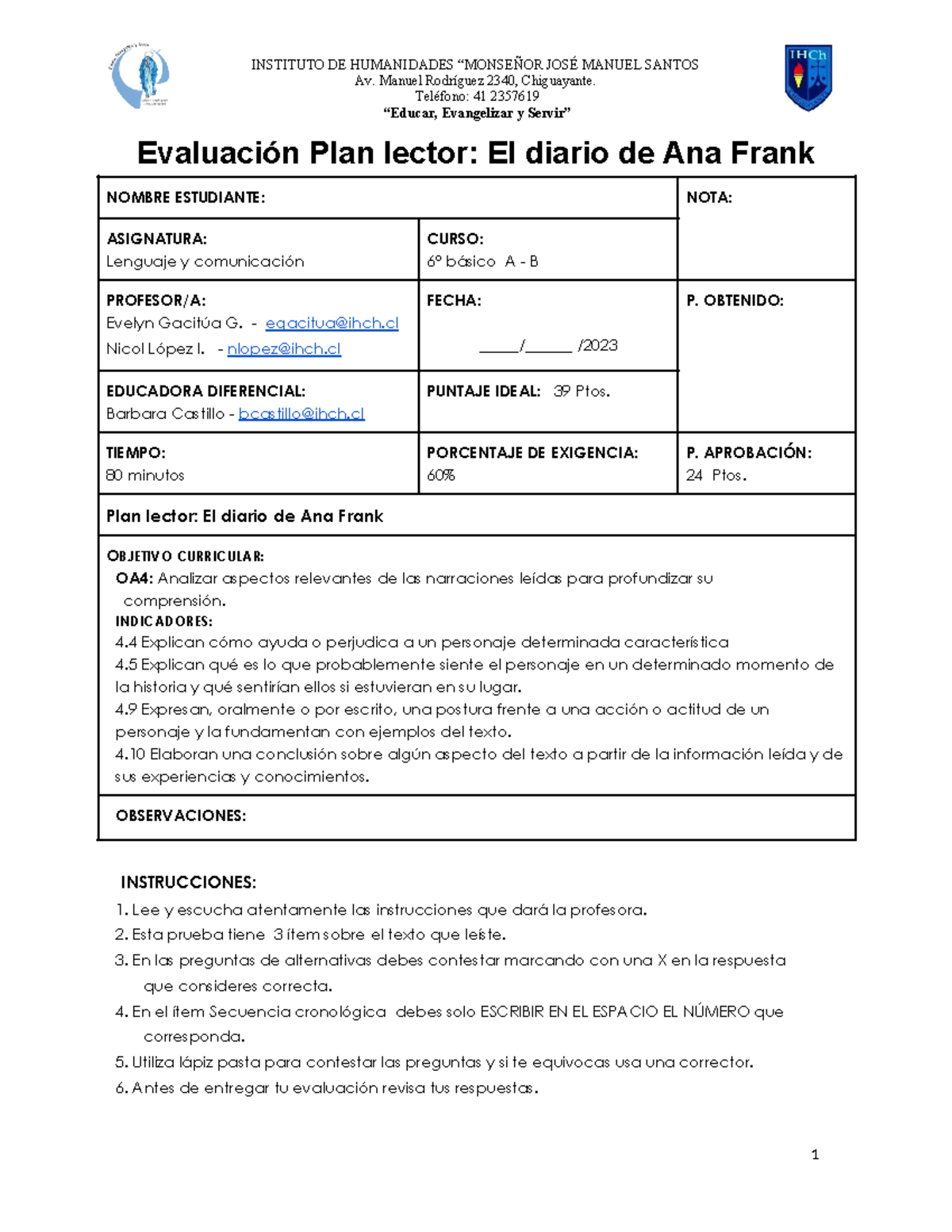 6° Ana Frank - ES UN TEST PARA MEDIR LA COMPRENSION - Av. Manuel ...