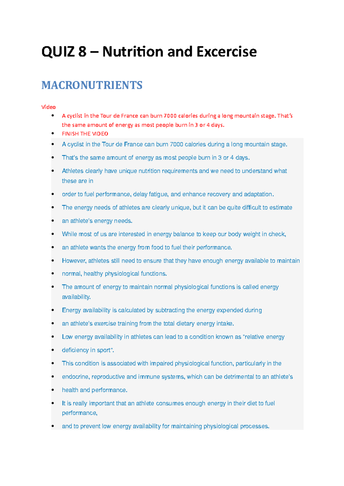 QUIZ 8 - Lecture notes from week8 - QUIZ 8 – Nutrition and Excercise ...