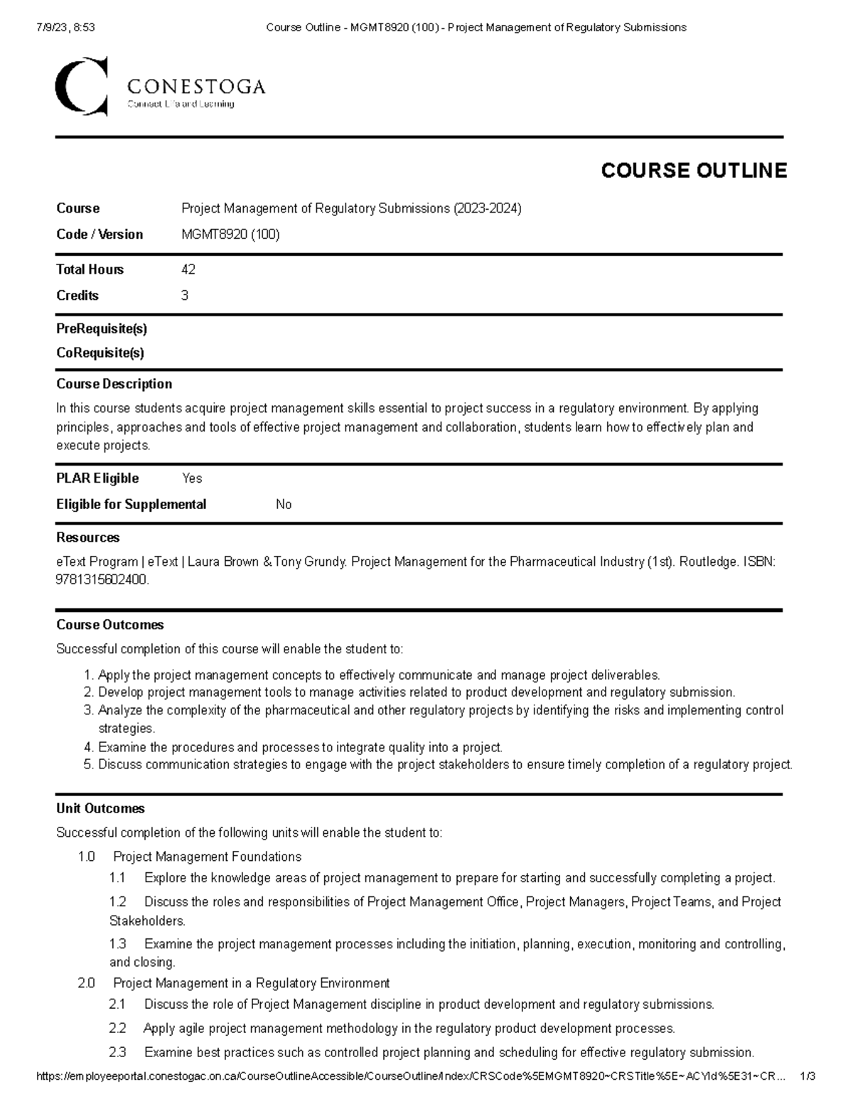 Course Outline - MGMT8920 (100) - Project Management of Regulatory Submissions - - Studocu