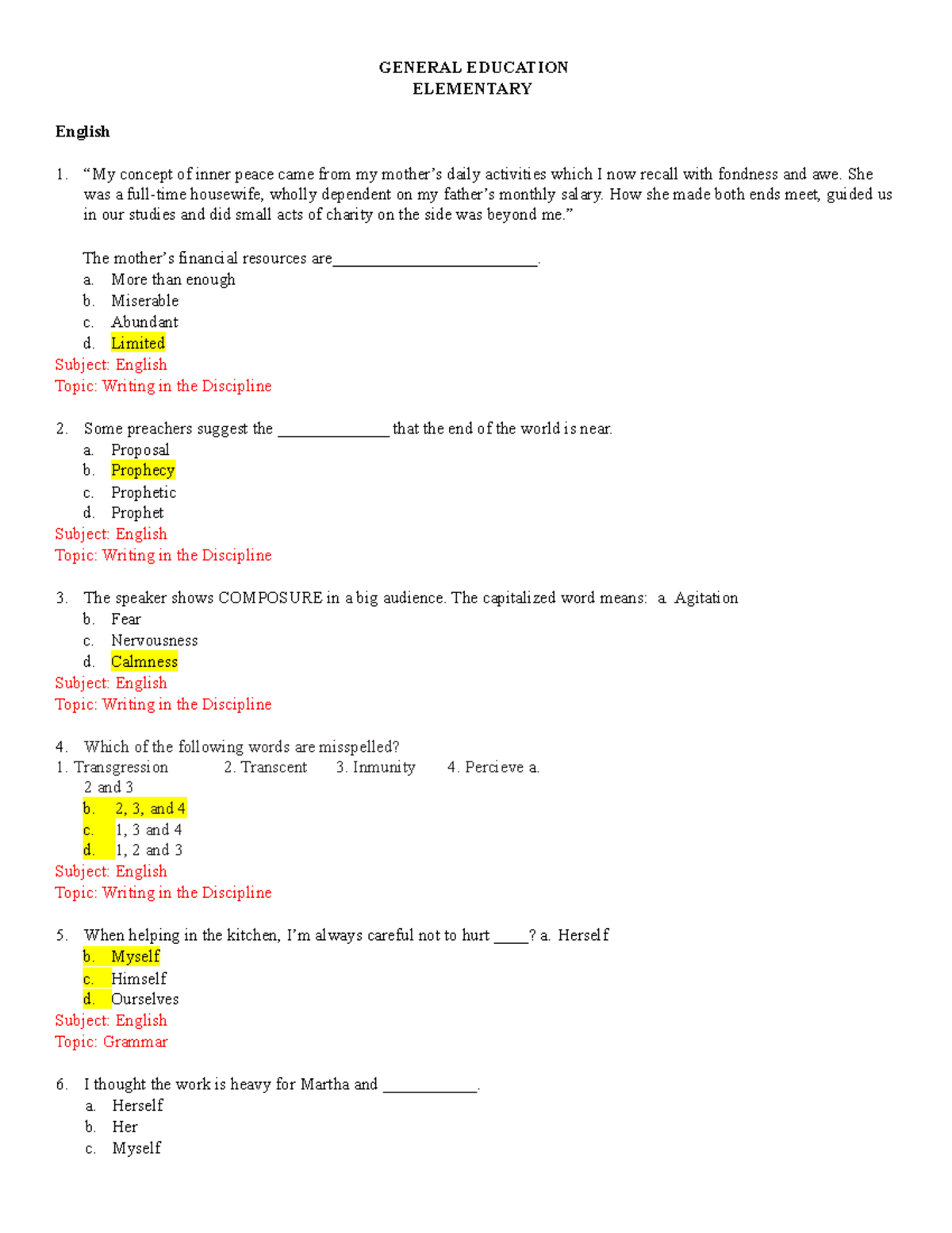 General education elementary - GENERAL EDUCATION ELEMENTARY English “My ...