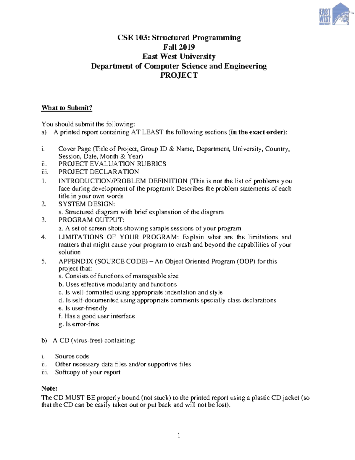 Cse 103 Structured Programming Project Evaluation Scheme Warning Tt