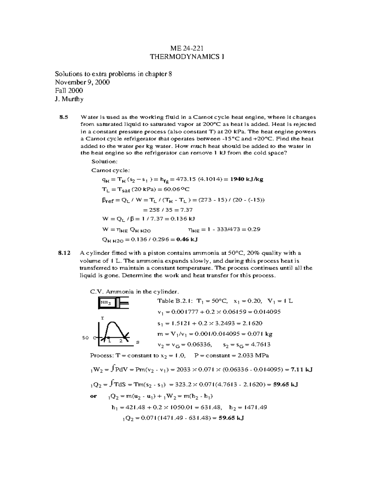 Extra-sol8 - Practice - ME 24- THERMODYNAMICS I Solutions to extra ...