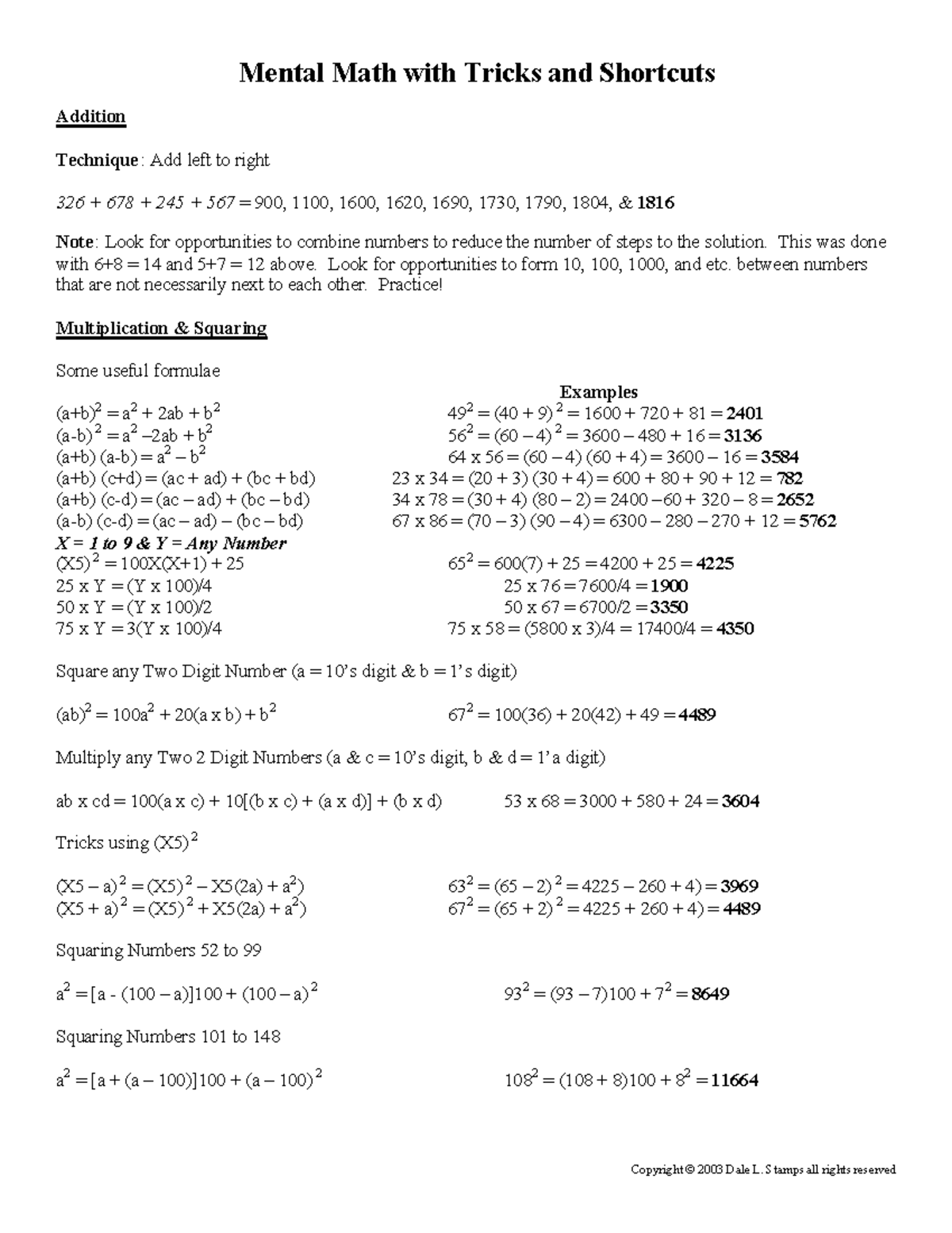 (www - Lecture notes 1-10 - Mental Math with Tricks and Shortcuts ...