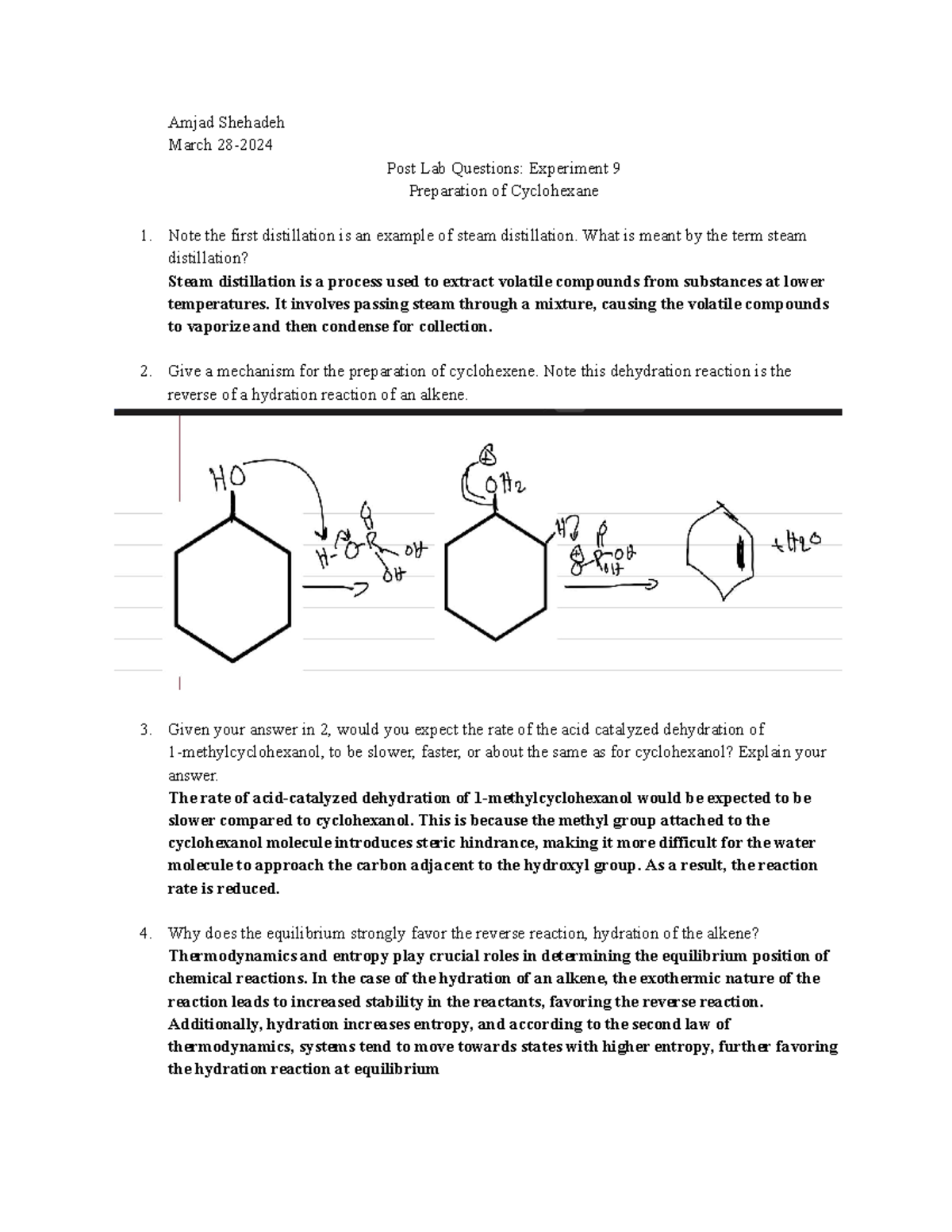 Experiment # 9 Post Lab Questions Preparation of Cyclohexene - Amjad Shehadeh March 28- Post Lab ...