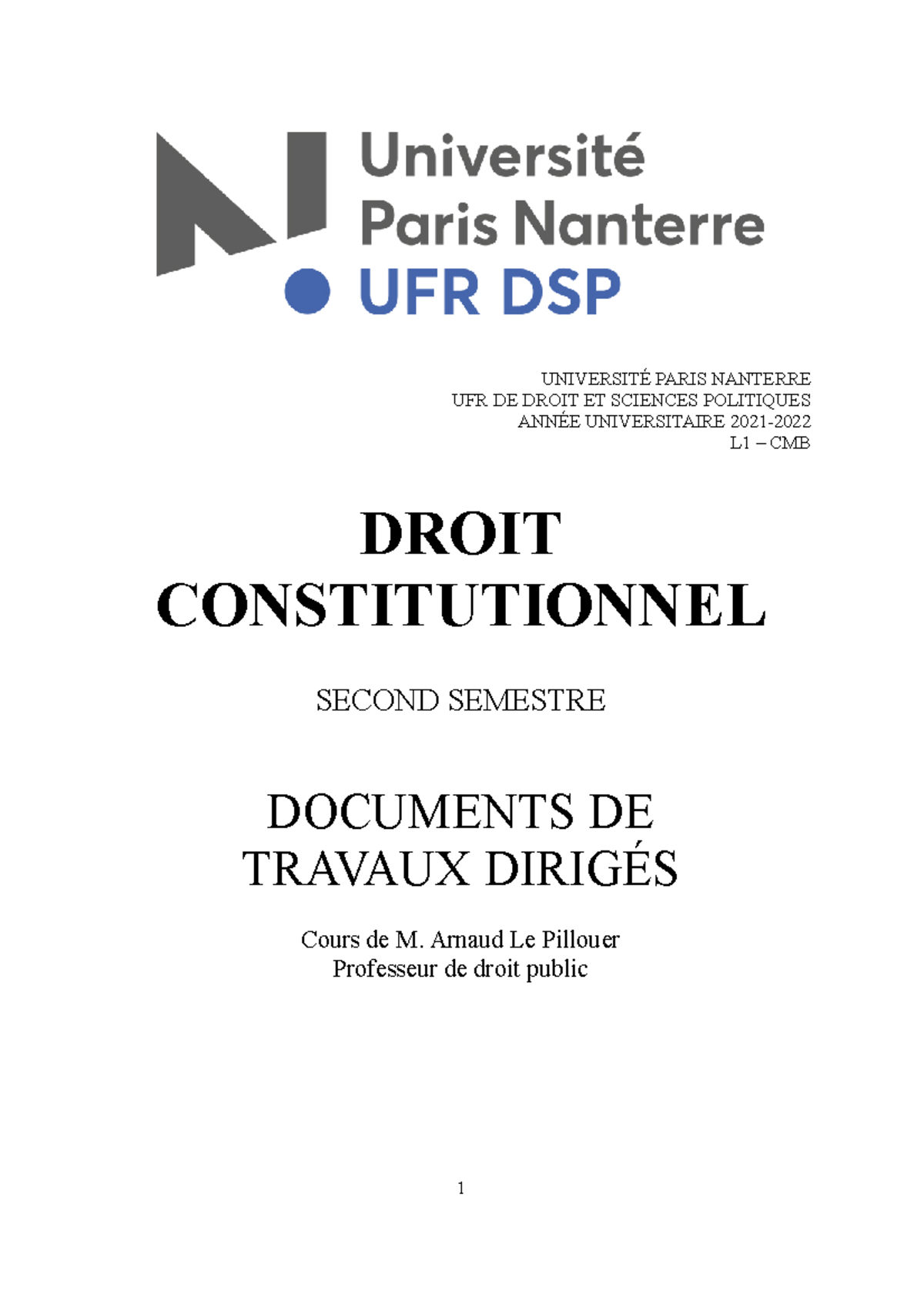 TD Fiches S2 2021-2022 - premier TD droit constit - UNIVERSITÉ PARIS NANTERRE UFR DE DROIT ET ...