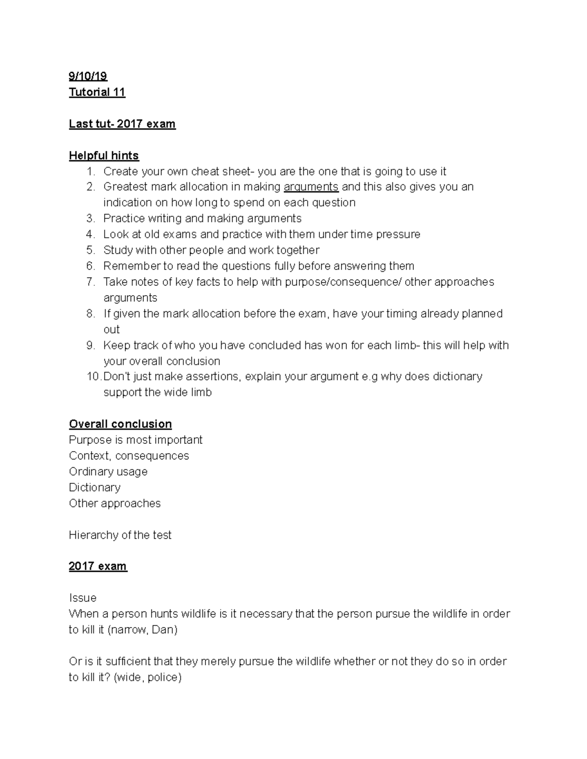 LAWS123-Tutorial 11 - helpful hints for final exam - Tutorial 11 Last ...