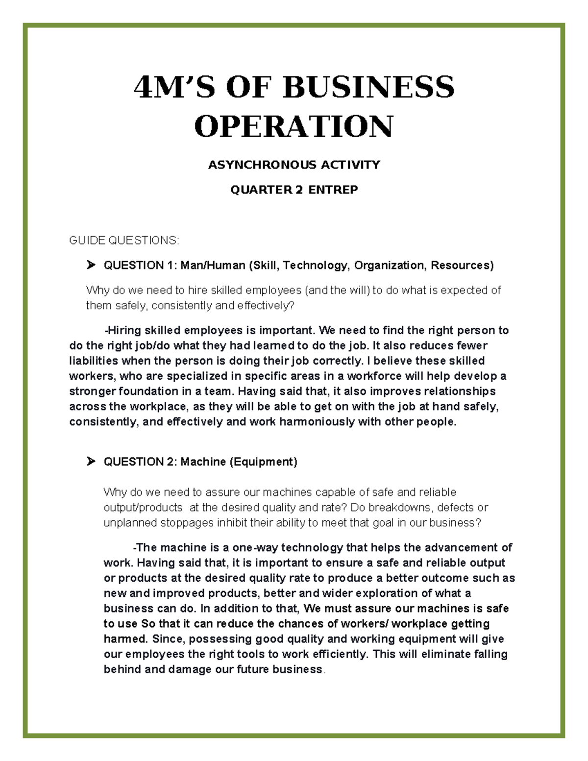 4M's of business - 4M’S OF BUSINESS OPERATION ASYNCHRONOUS ACTIVITY ...