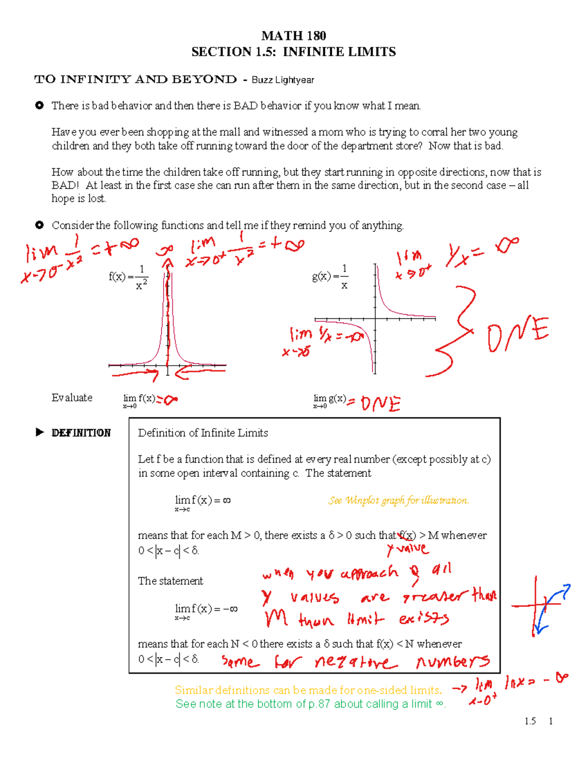 Lesson 1.5 Calc 2 - MATH 180 SECTION 1: INFINITE LIMITS TO INFINITY AND ...