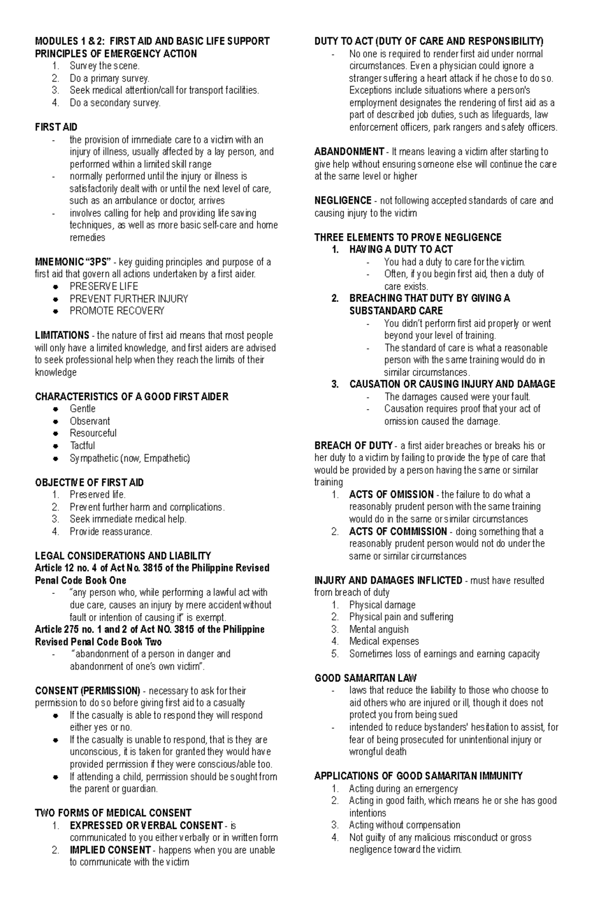 G12 PEH 4 Q4 M1-2 Reviewer - MODULES 1 & 2: FIRST AID AND BASIC LIFE ...