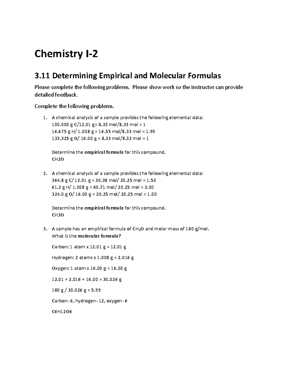 Determining Empirical and Molecular Formulas Zain Afolabi - Chemistry I ...