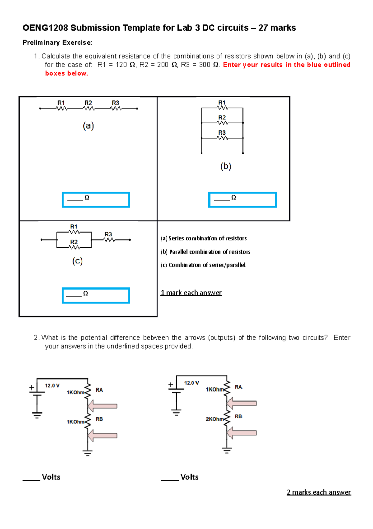 OENG1208 Submission Template for Lab 3 DC circuits - Calculate the equivalent resistance of the ...
