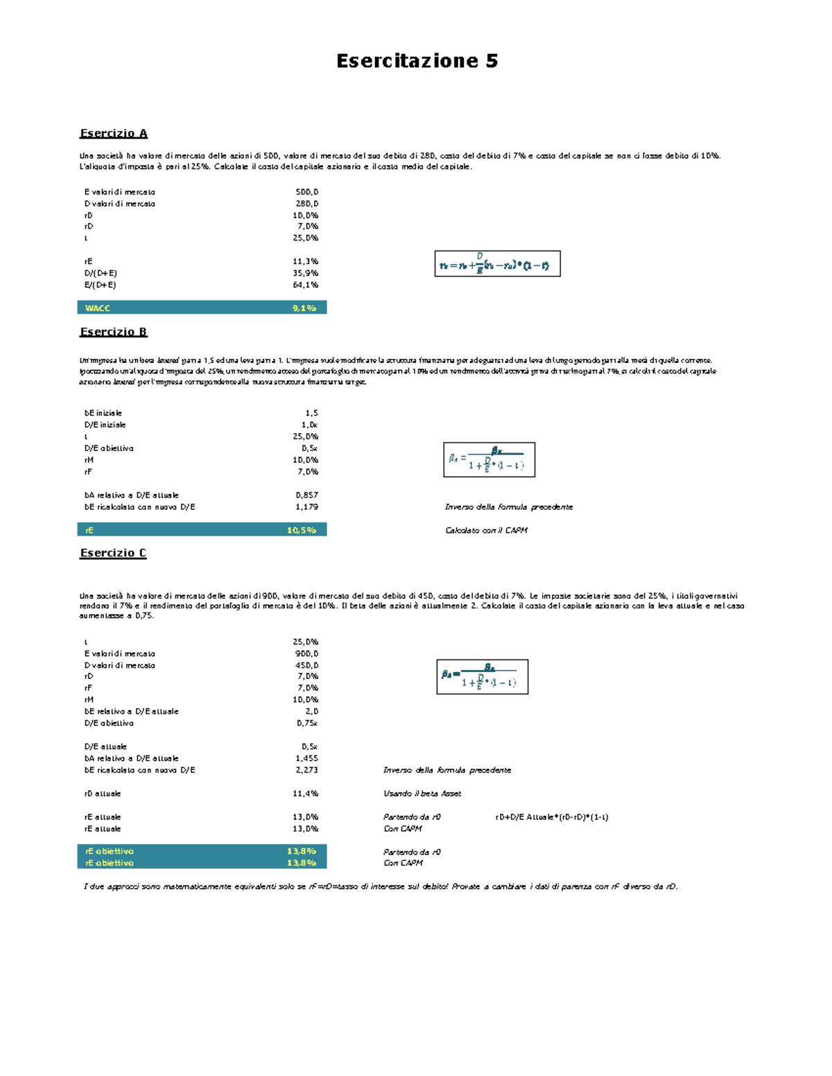 Esercitazione 5 - Soluzioni - Esercitazione 5 Esercizio A Una società ha valore di mercato delle ...