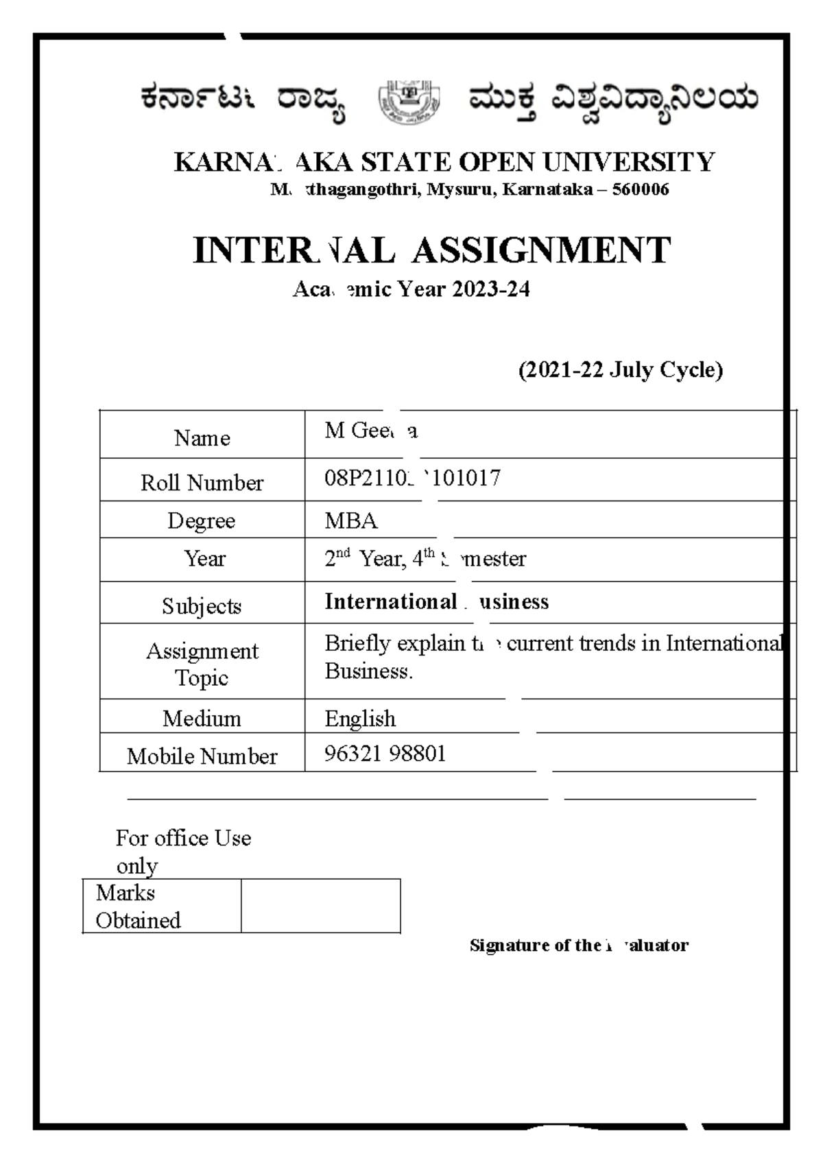 IB - Notes - KARNATAKA STATE OPEN UNIVERSITY Mukthagangothri, Mysuru ...