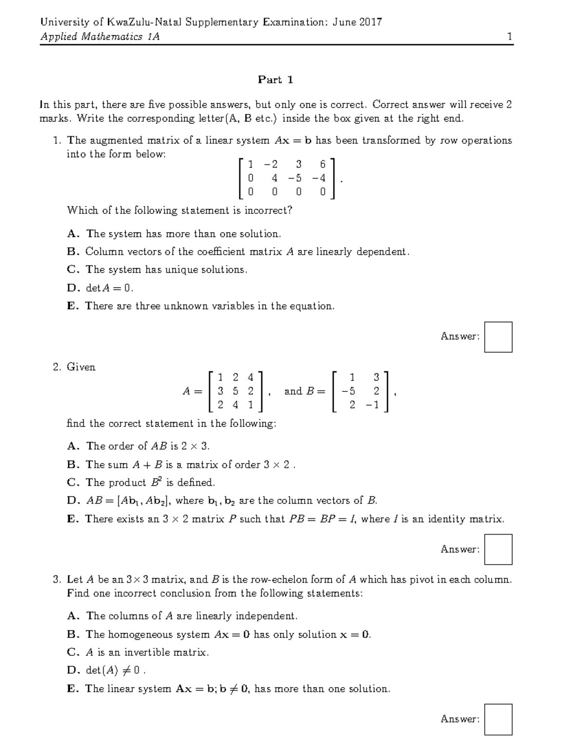 Exam 12 July 2017, questions - Applied Mathematics 1A 1 Part 1 In this ...