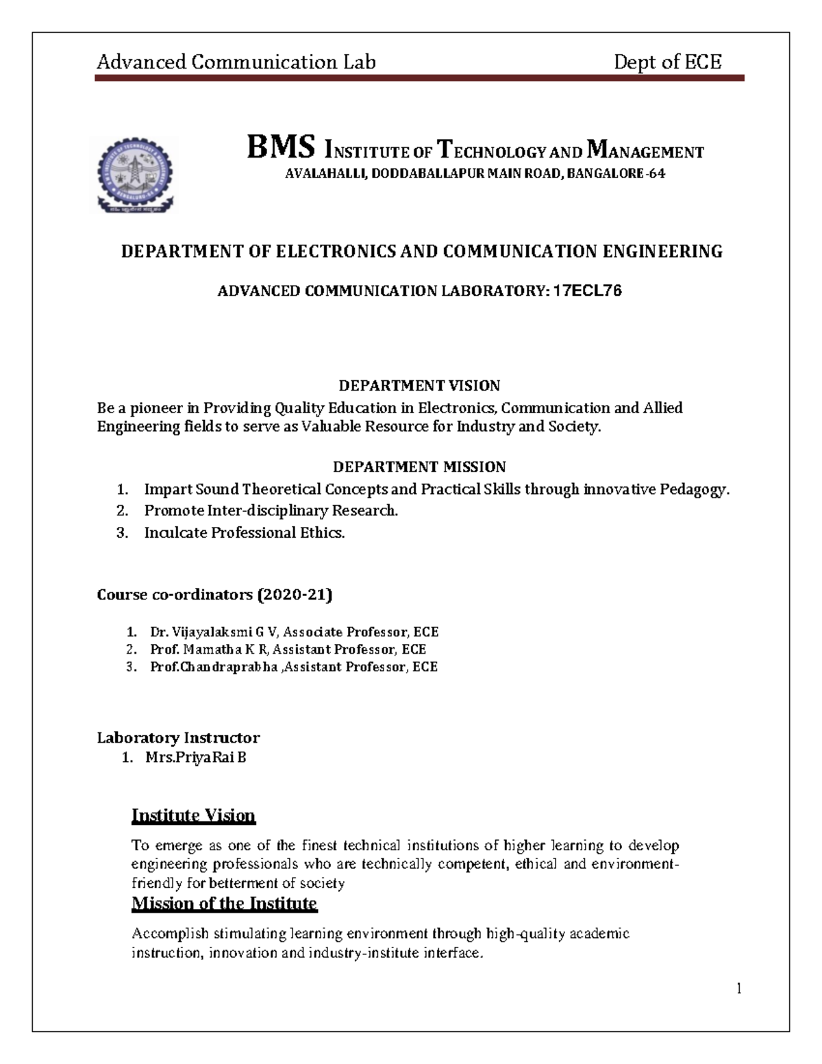Advanced Communication Lab 17ECL67 2 - BMS INSTITUTE OF TECHNOLOGY AND ...