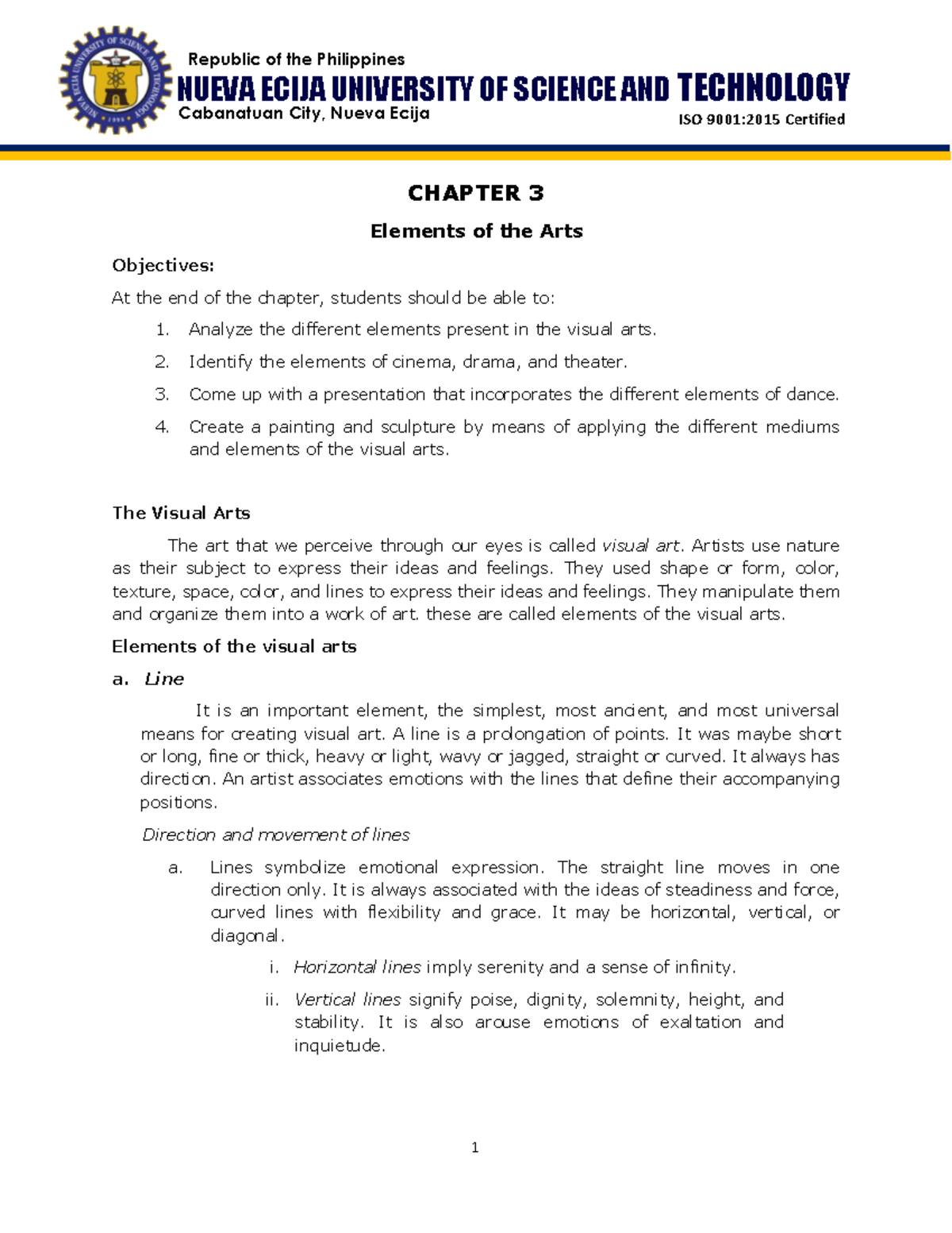 Art app - Chapter 3 Elements of Arts - NUEVA ECIJA UNIVERSITY OF SCIENCE AND TECHNOLOGY ...
