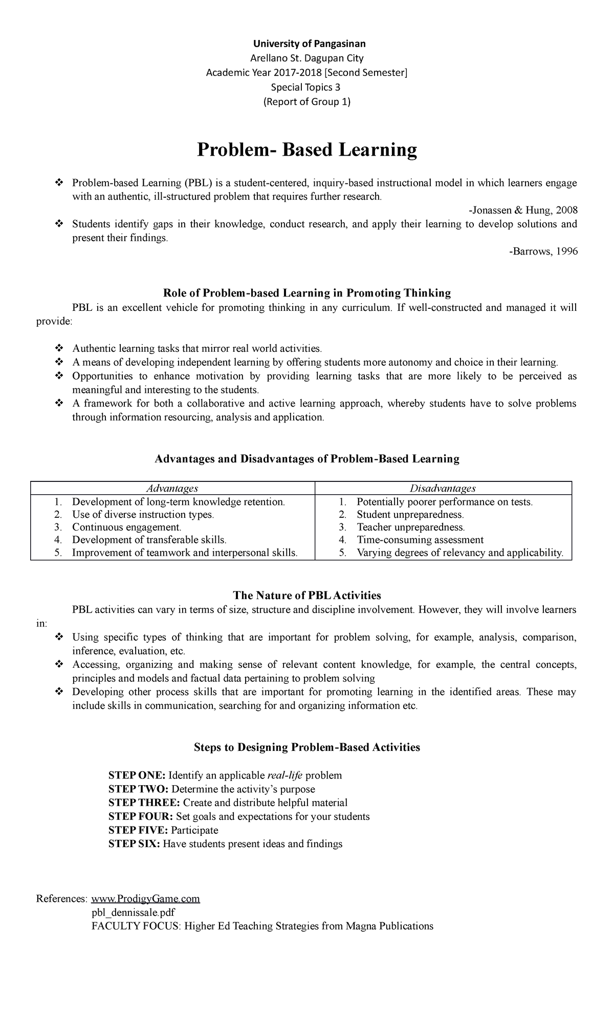 Pbl This Is A Report About Problem Based Learning University Of Pangasinan Arellano St