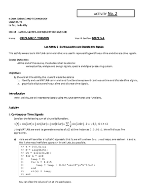 ECE 34-LAB3- Matlab Tormon KM - ILOILO SCIENCE AND TECHNOLOGY UNIVERSITY La Paz, Iloilo City ECE ...