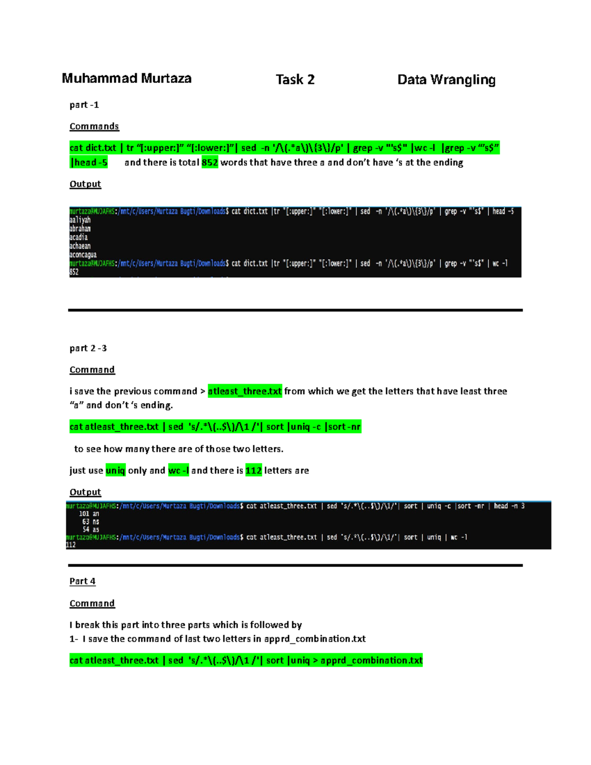 Data Wrangling Task 2 Task 2 Part Commands Cat Dict Tr Upper