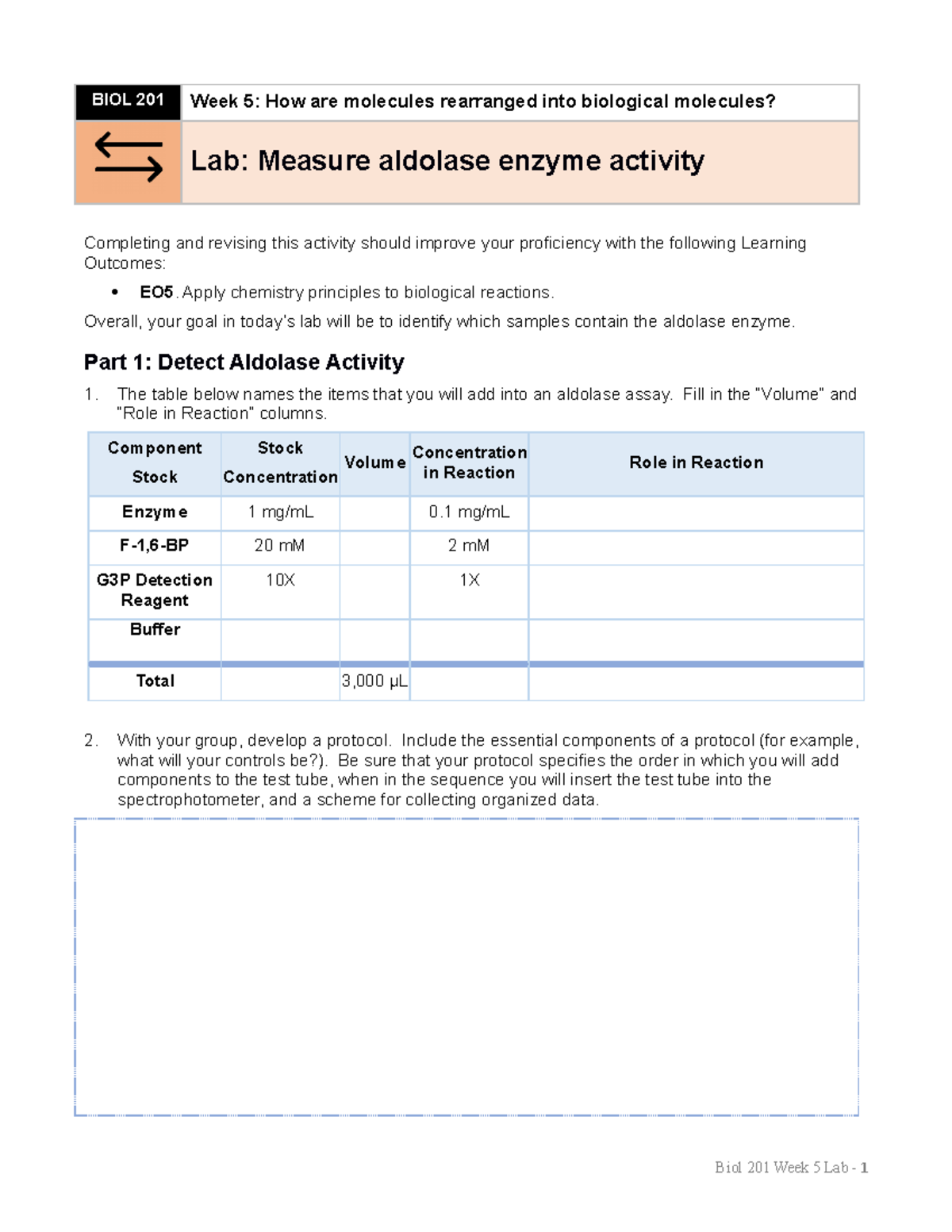 BIOL201 Lab W05 Aldolase Enzyme Activity - BIOL 201 Week 5: How are molecules rearranged into ...