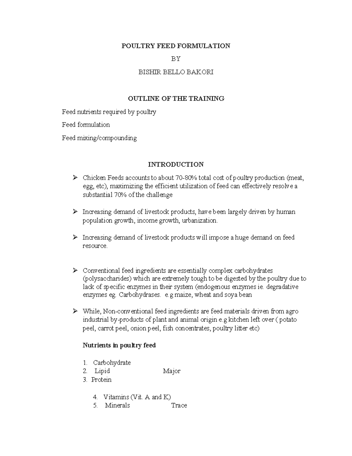 Lecture Manual ON Poultry FEED Formulation -GENS 301-1 - POULTRY FEED ...