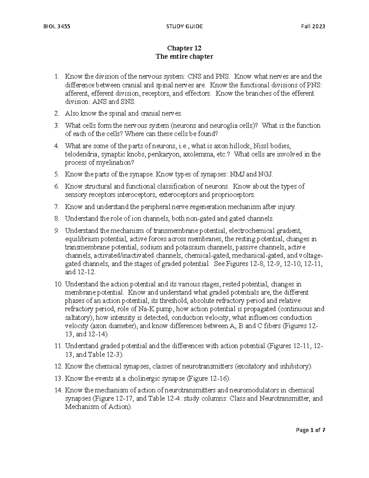 BIOL3455 - study guide - Chp 12-13-14 - Fall 2023 - Chapter 12 The ...