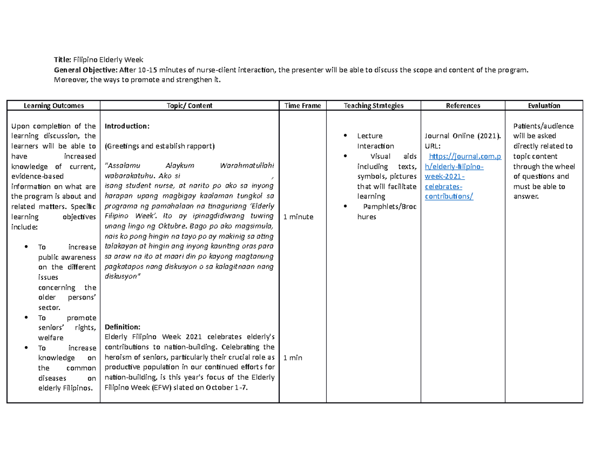 Filipino Elderly Week Resource Unit - Title: Filipino Elderly Week ...