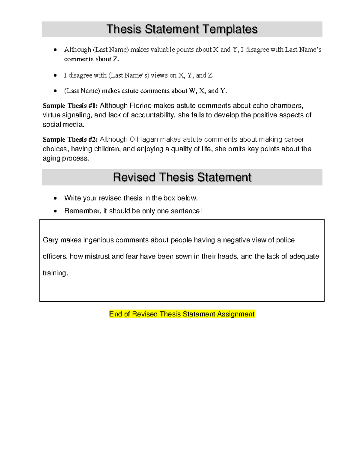 Thesis Revisions for Essay #1 - Thesis Statement Templates Although ...