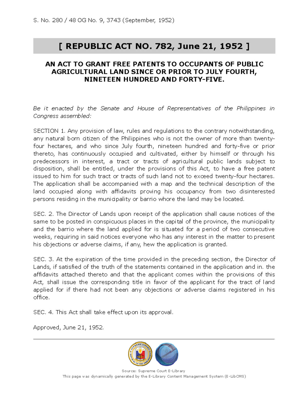RA 782 - Amendment to Public Land Act - S. No. 280 / 48 OG No. 9, 3743 ...