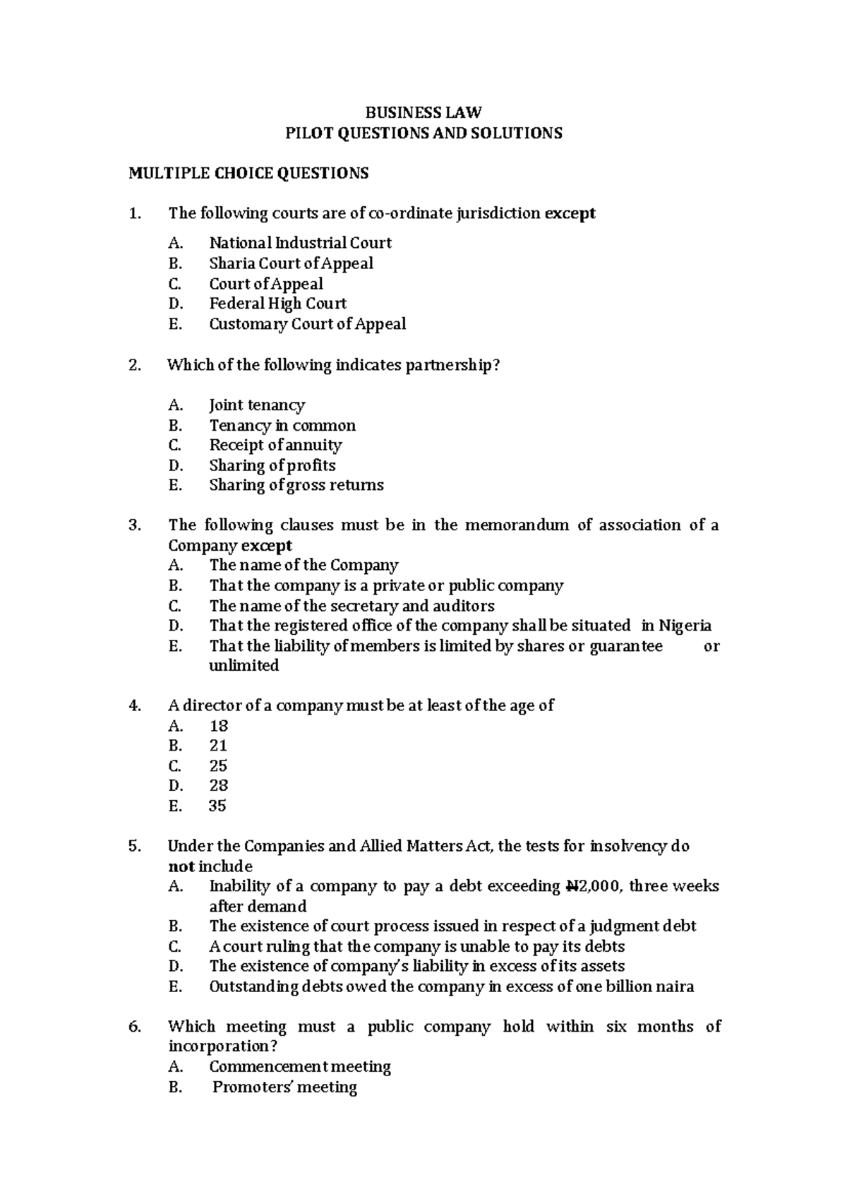 Business LAW Pilot Questions - BUSINESS LAW PILOT QUESTIONS AND ...