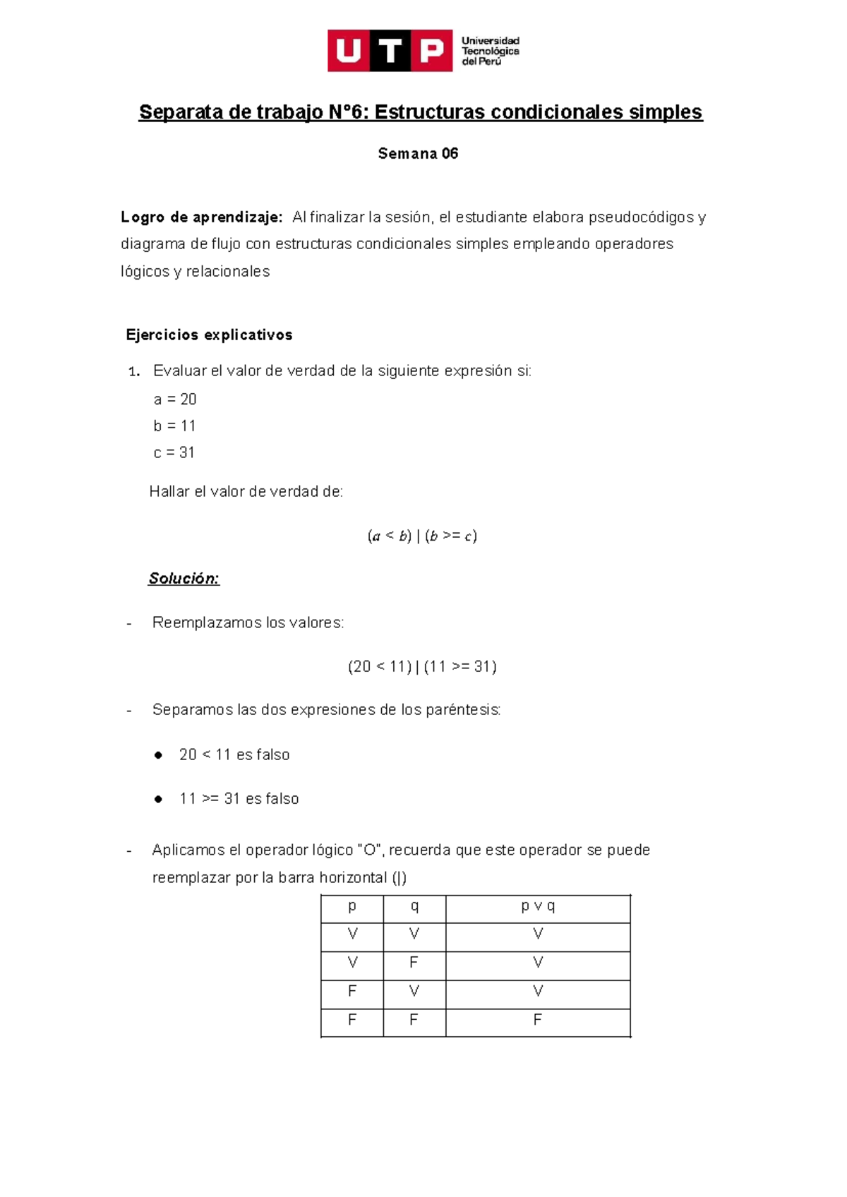 Semana 6 - Estrucutras condicionales simple - Separata de trabajo N°6 ...