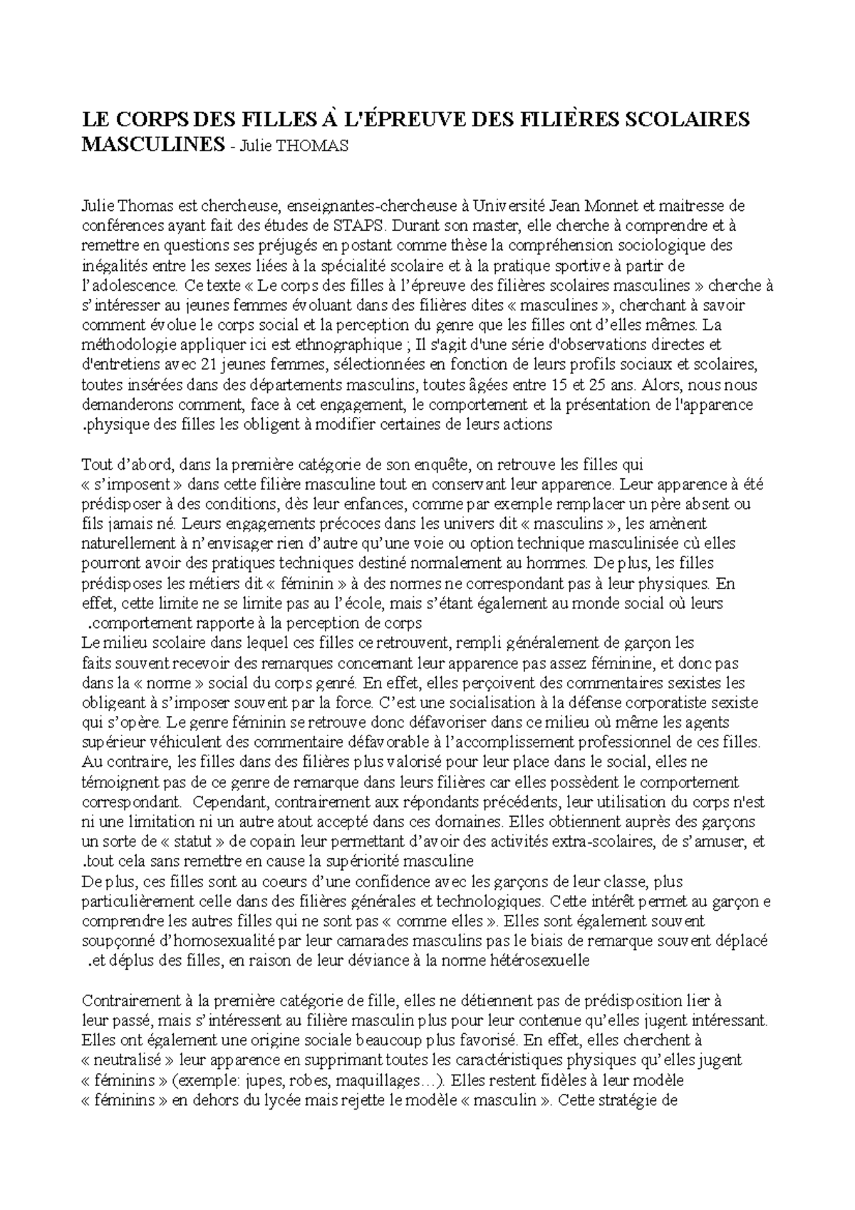 LE Corps DES Filles À L' Épreuve DES Filières Scolaires Masculines - LE ...