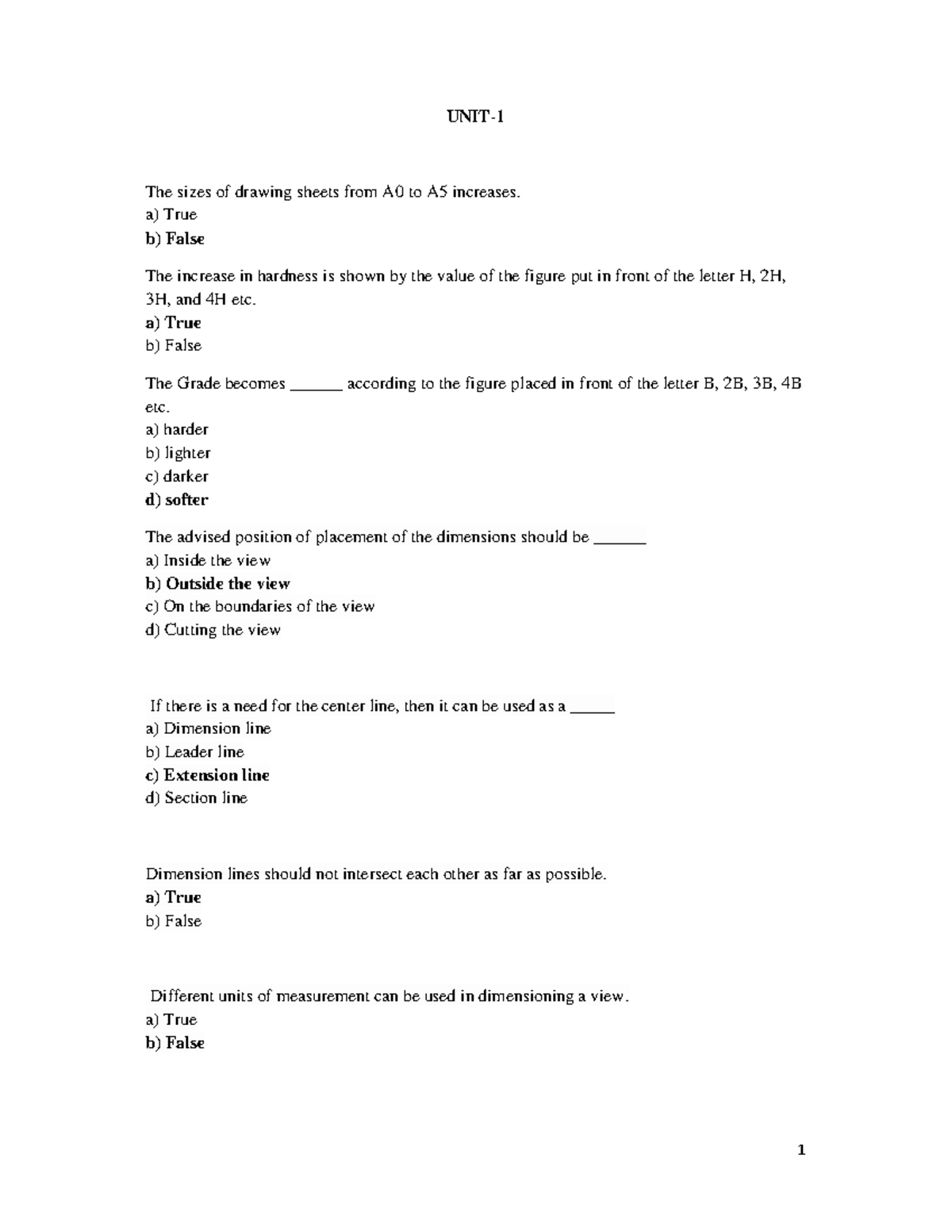 Sample MCQ Engineering drawing(2) - UNIT- The sizes of drawing sheets ...