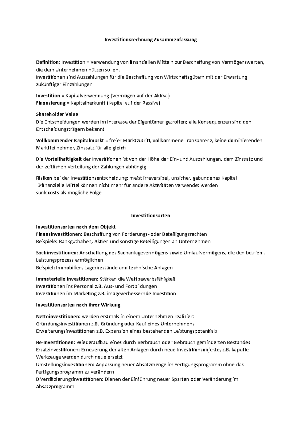 Investitionsrechnung Zsf - Investitionsrechnung Zusammenfassung ...