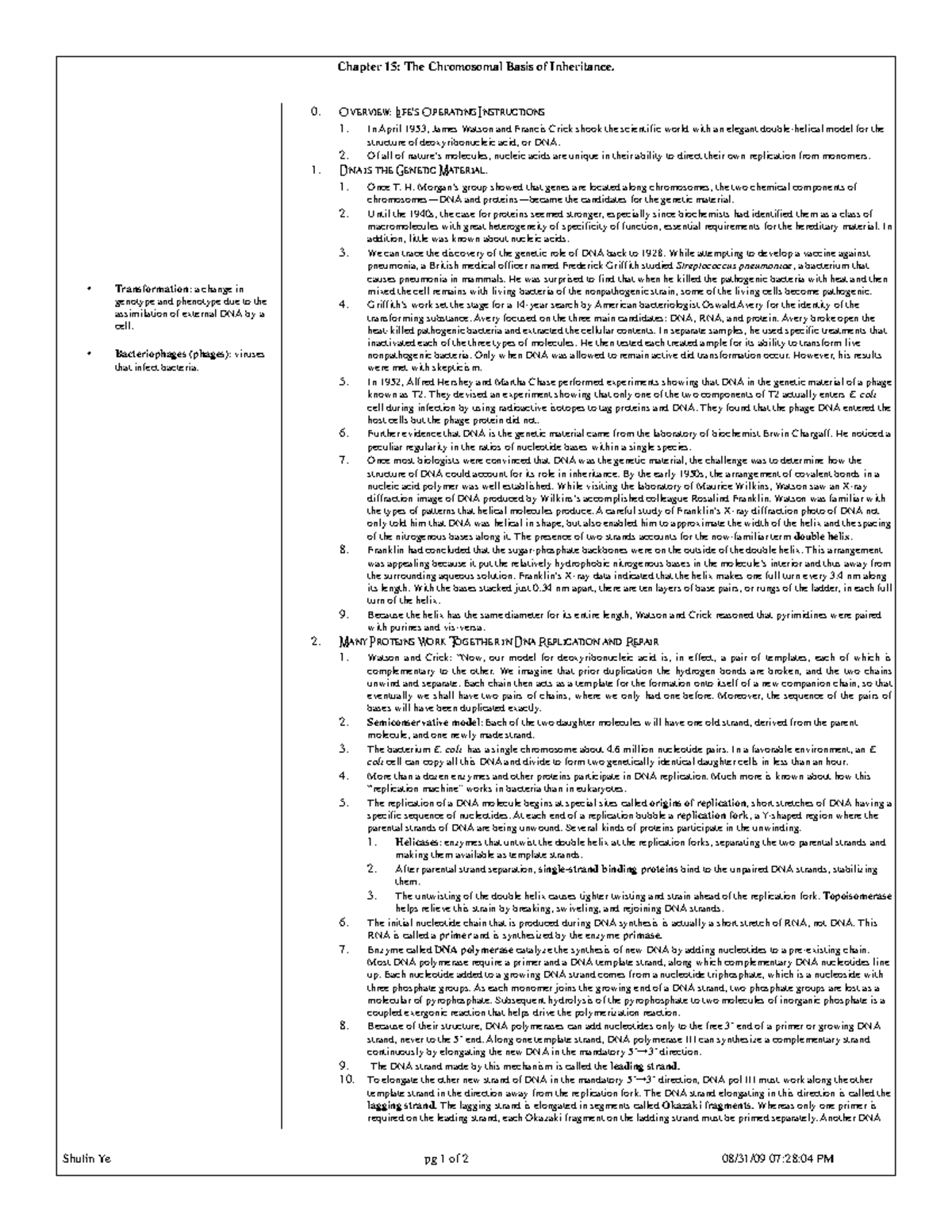 New Bio Notes-12 - Bio Lecture Notes - Chapter 15: The Chromosomal ...