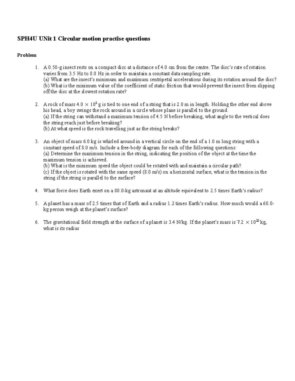 UNit+1+circular+motion+practise+questions - SPH4U UNit 1 Circular ...