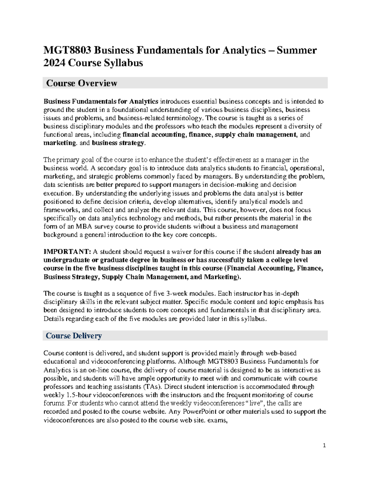 Syllabus Summer 2024 - MGT8803 Business Fundamentals for Analytics ...