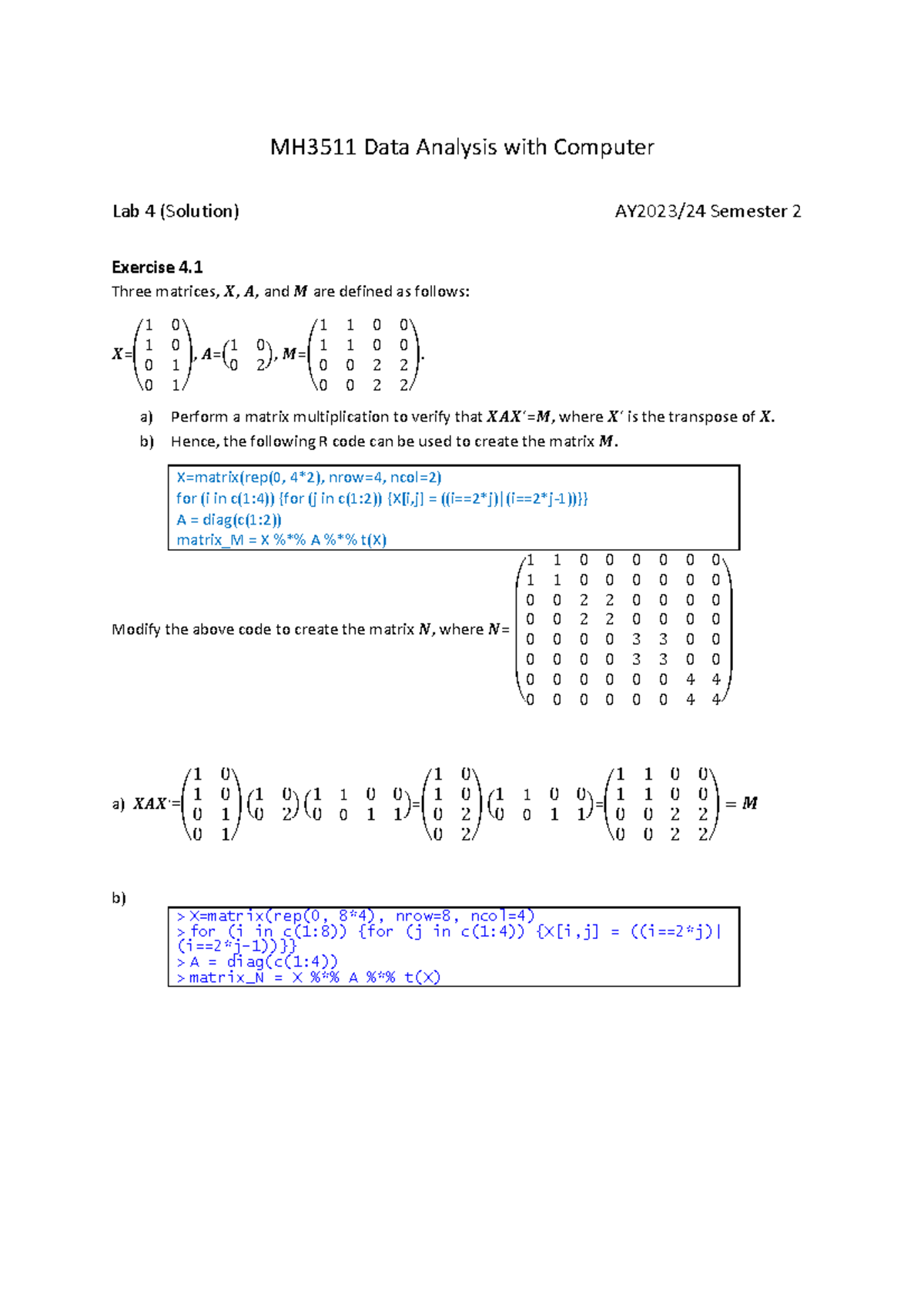 Lab 4 Solution - MH 3511 Data Analysis with Computer Lab 4 (Solution) AY202 3 / 24 Semester 2 ...