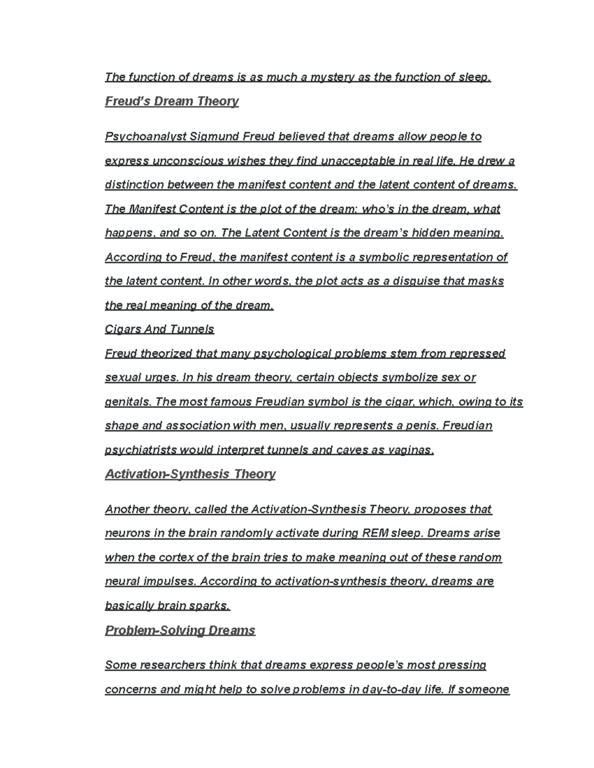consciousness lecture notes - The function of dreams is as much a ...