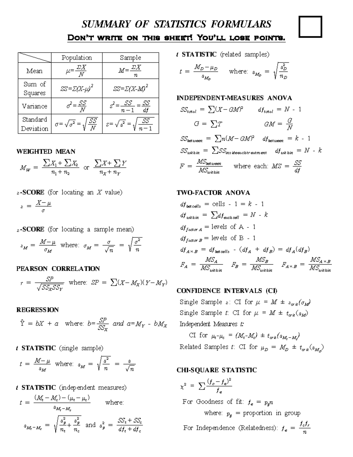 Statistics Formula (Dugan, blank) - SUMMARY OF STATISTICS FORMULARS ...