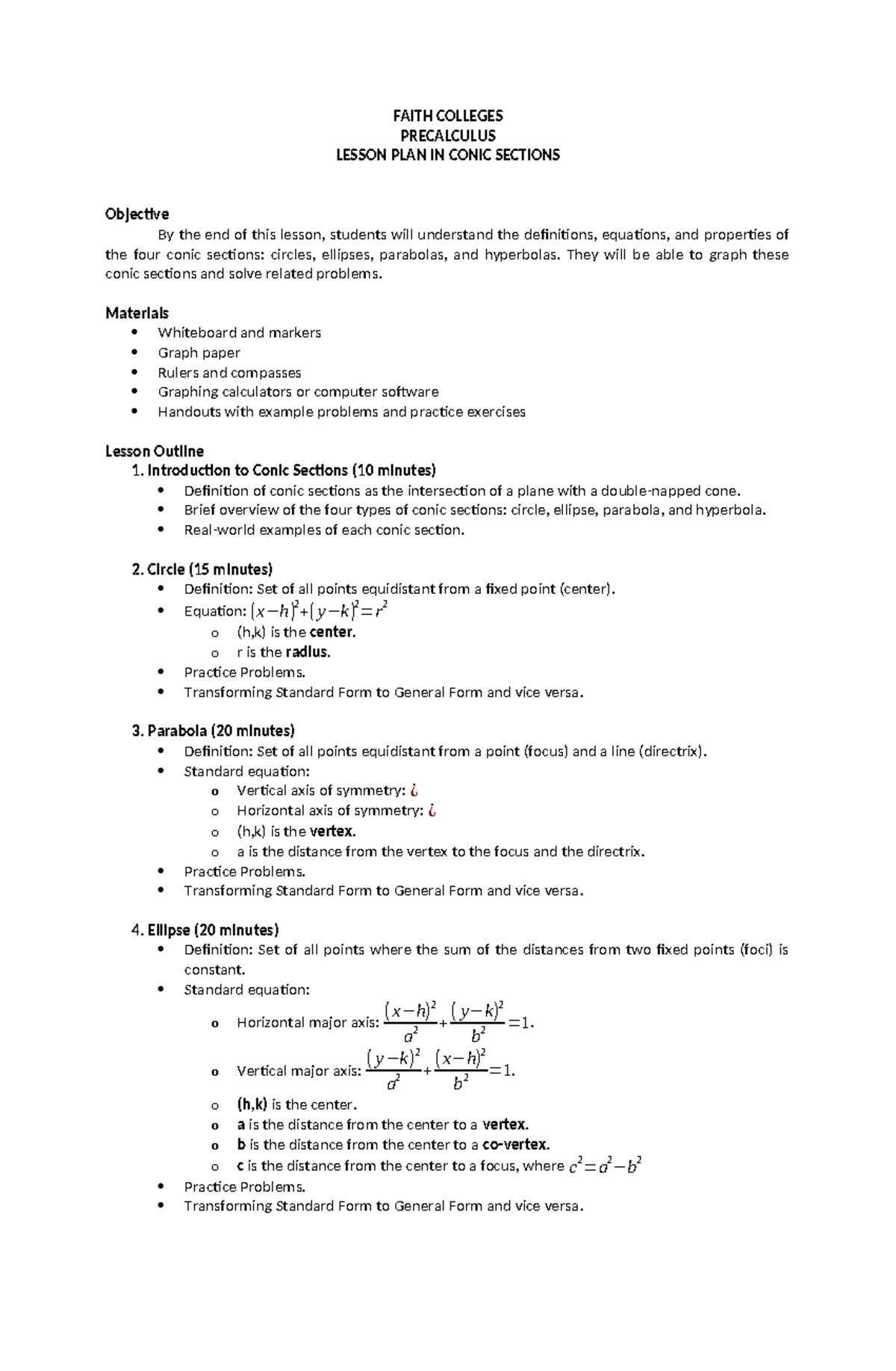Precal Lesson Plan - FAITH COLLEGES PRECALCULUS LESSON PLAN IN CONIC ...