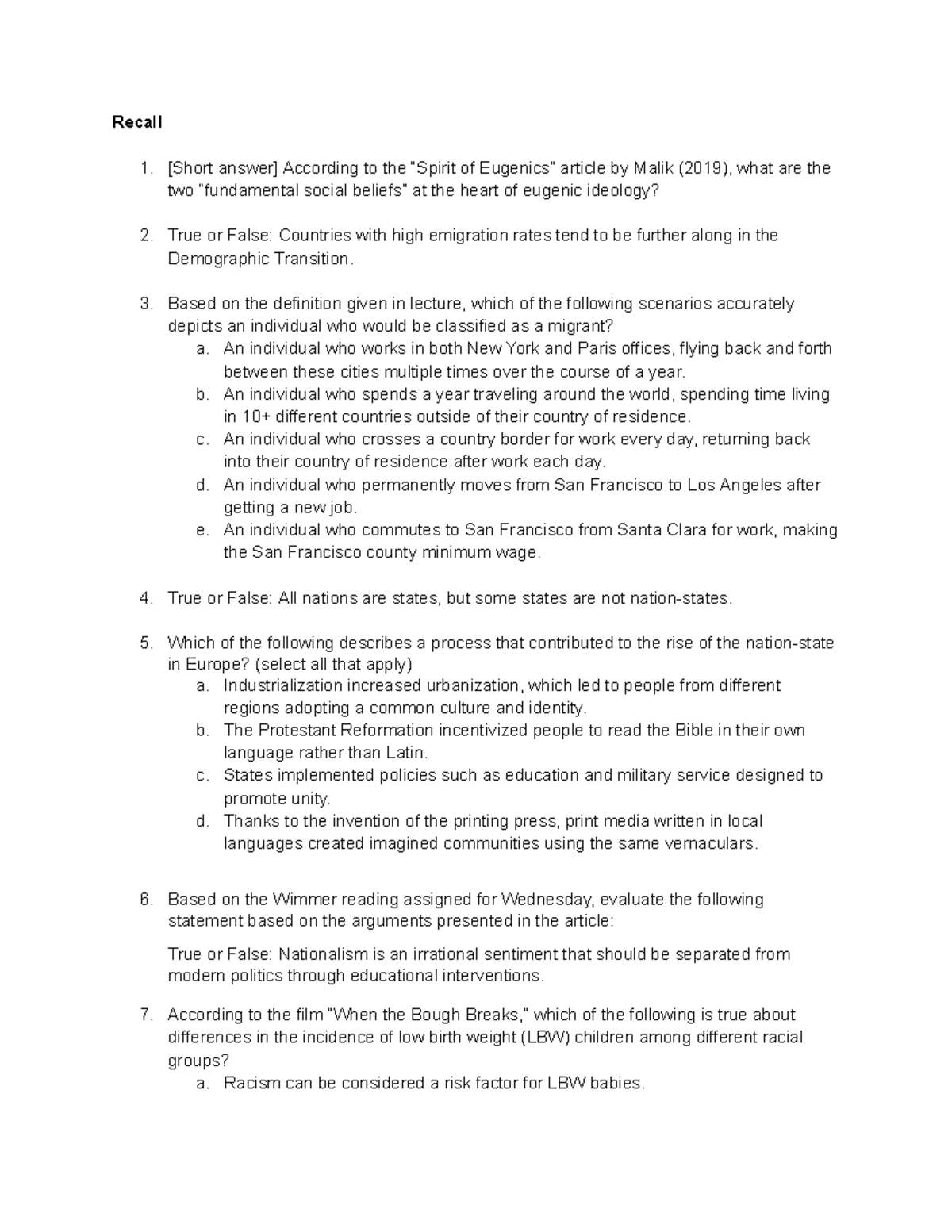 [ Blank] Week 7 REPS - Homework - Recall 1. [Short answer] According to ...