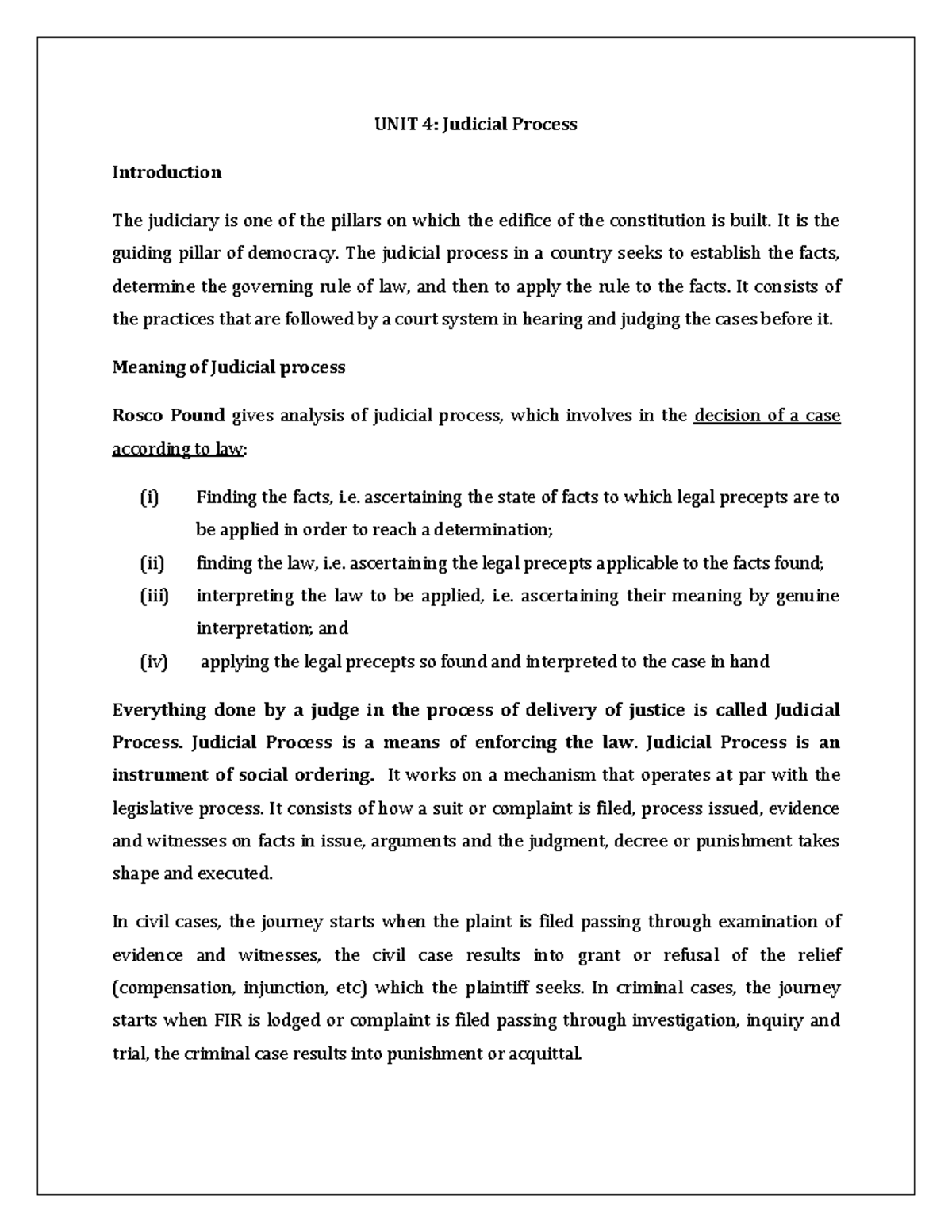 Judicial Process - UNIT 4: Judicial Process Introduction The judiciary ...