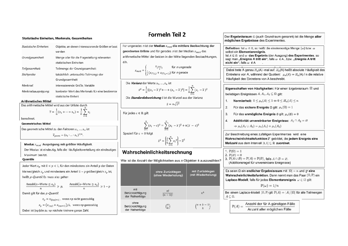 Formelsammlung 2 - Mathematik 2 - Formeln Teil - Studocu