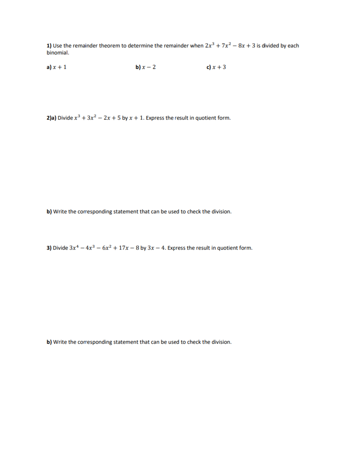Polynomials-Remainder Theorem - 1) Use the remainder theorem to ...