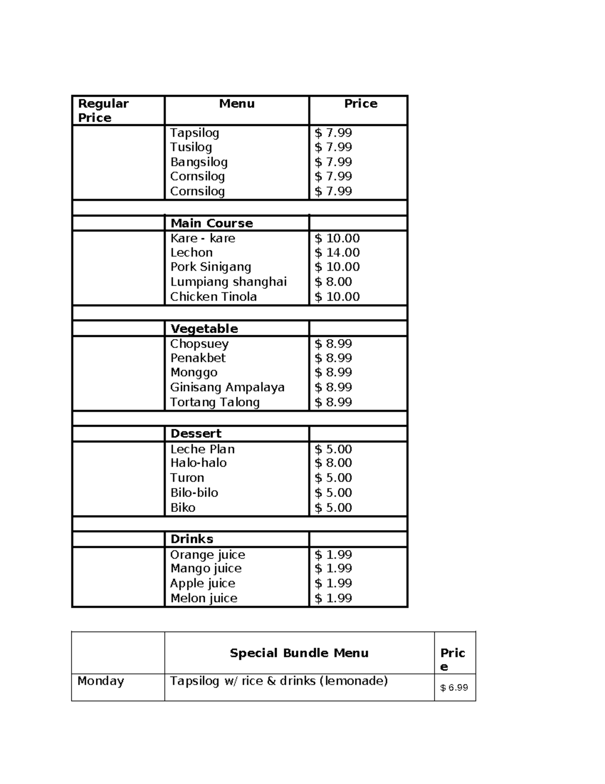 Special-bundle-menu - Practice - Regular Price Menu Price Tapsilog $ 7 ...