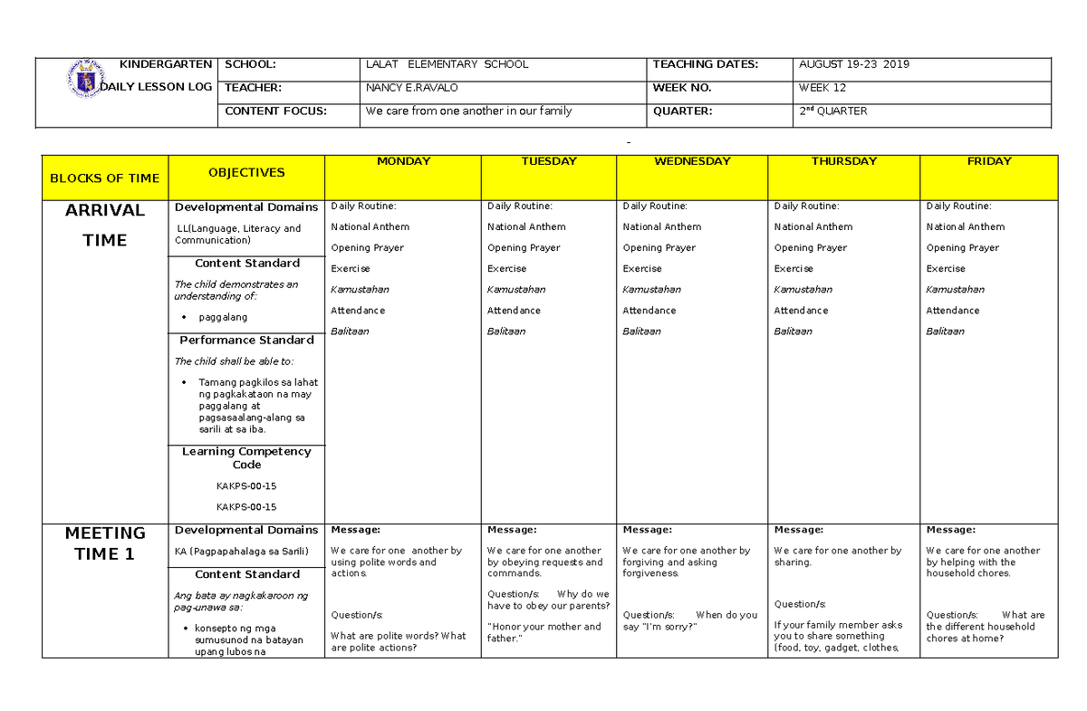 WEEK 12 - NEW KTG DLL - DAILY LESSON LOG - KINDERGARTEN DAILY LESSON ...