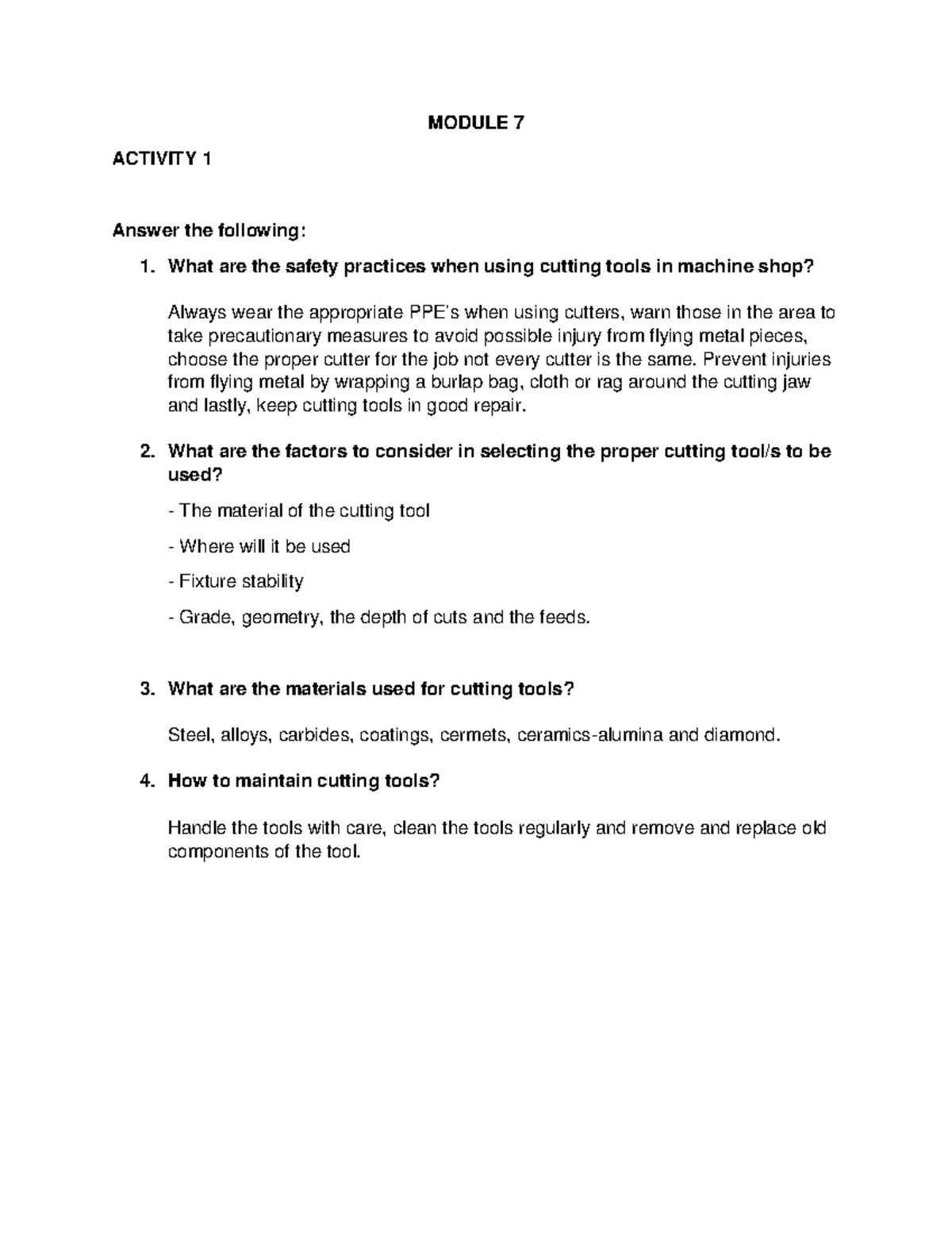 ME Shop 1 Module 7 Activity 1 - MODULE 7 ACTIVITY 1 Answer the ...